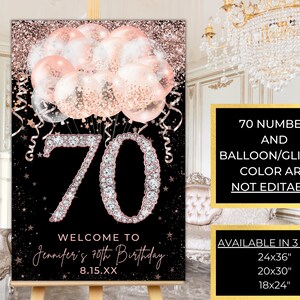 Printable 70th Rose Gold Diamonds Glitter Balloons Welcome Sign ...