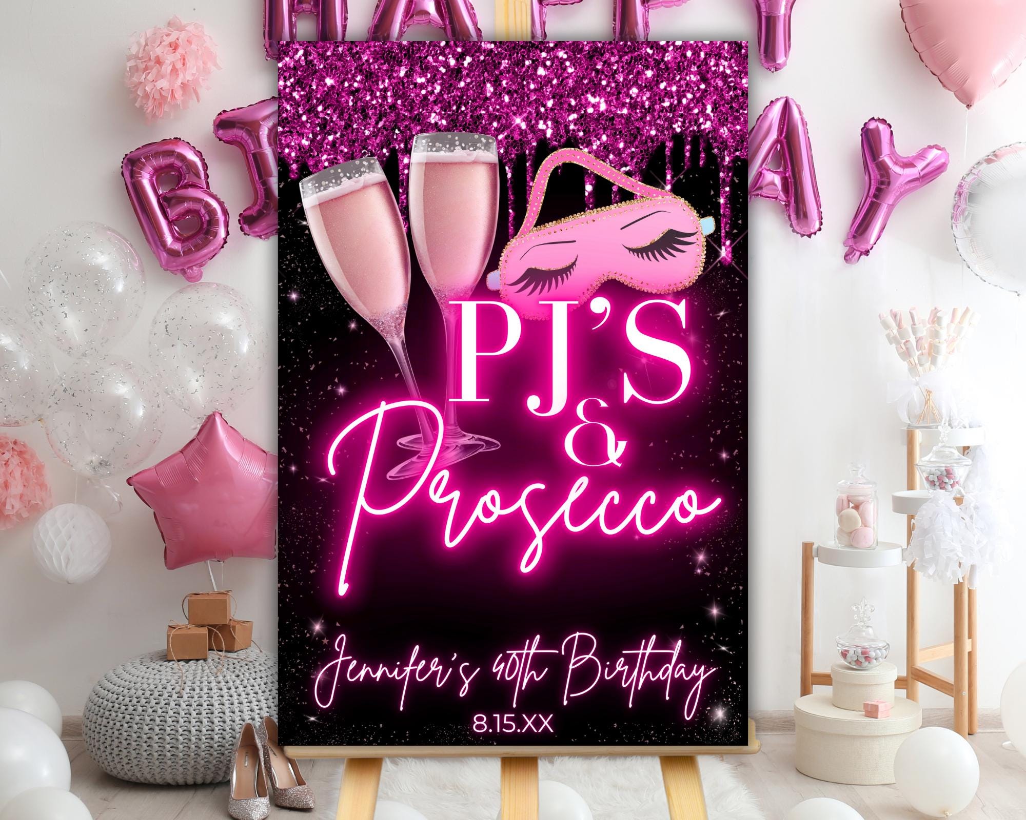 Editable Pj's and Prosecco Girls Night Birthday Party Welcome Sign ...