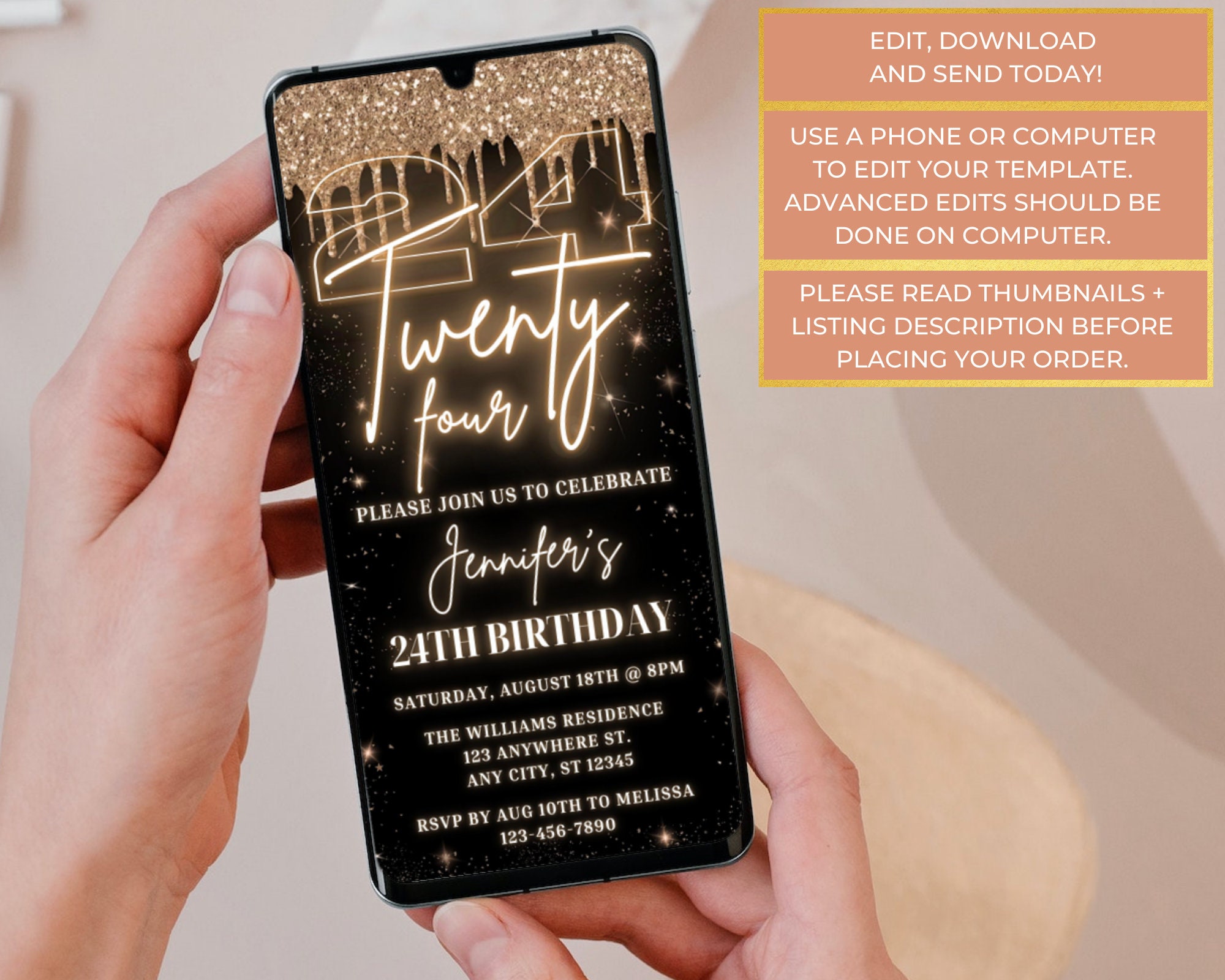 Digital 24th Birthday Party Invitation, Electronic Phone Text Message ...