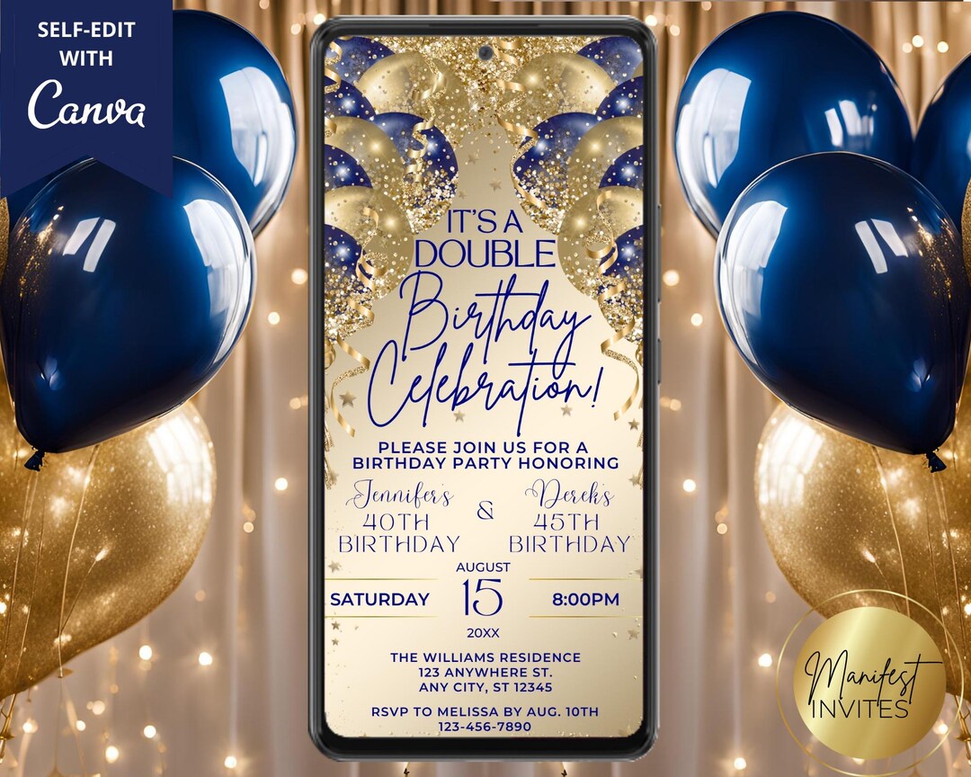 Digital Elegant Joint Double Birthday Party Glam Invitation, Blue Gold ...