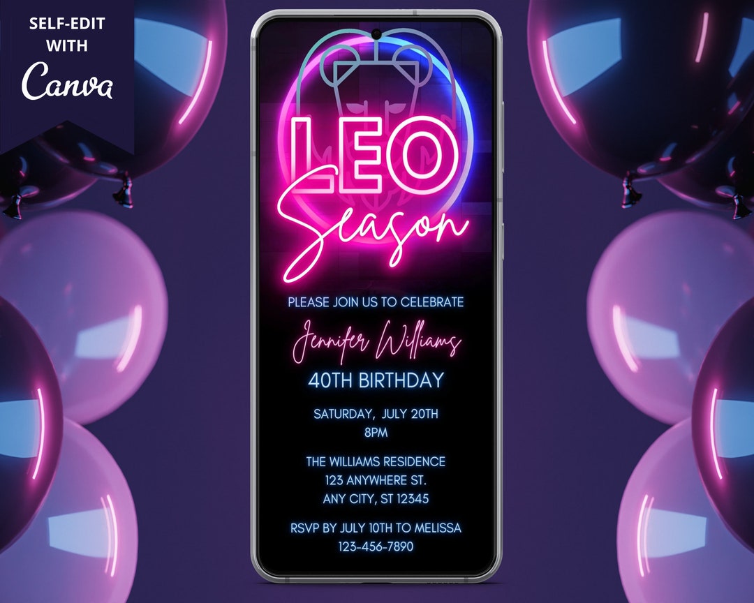 Leo Zodiac Birthday Digital Invitation, Electronic Party Invite, Neon ...