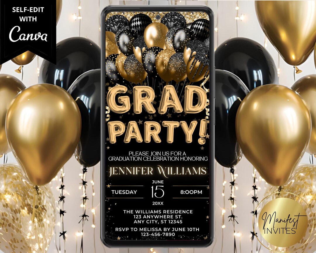 Digital Graduation Party Invitation, Black Gold Glitter Balloons, Grad ...
