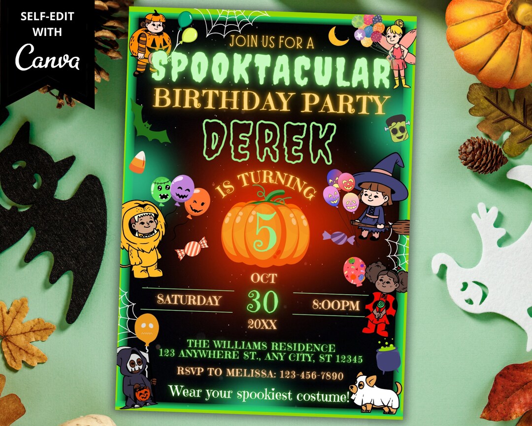 Editable Kids Neon Spooky Halloween Birthday Party Invitation Template ...