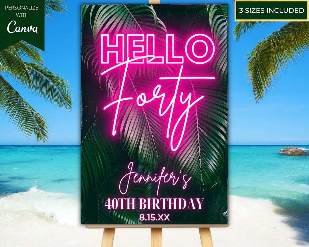 Editable Tropical Hello Forty 40th Birthday Welcome Sign, Printable ...