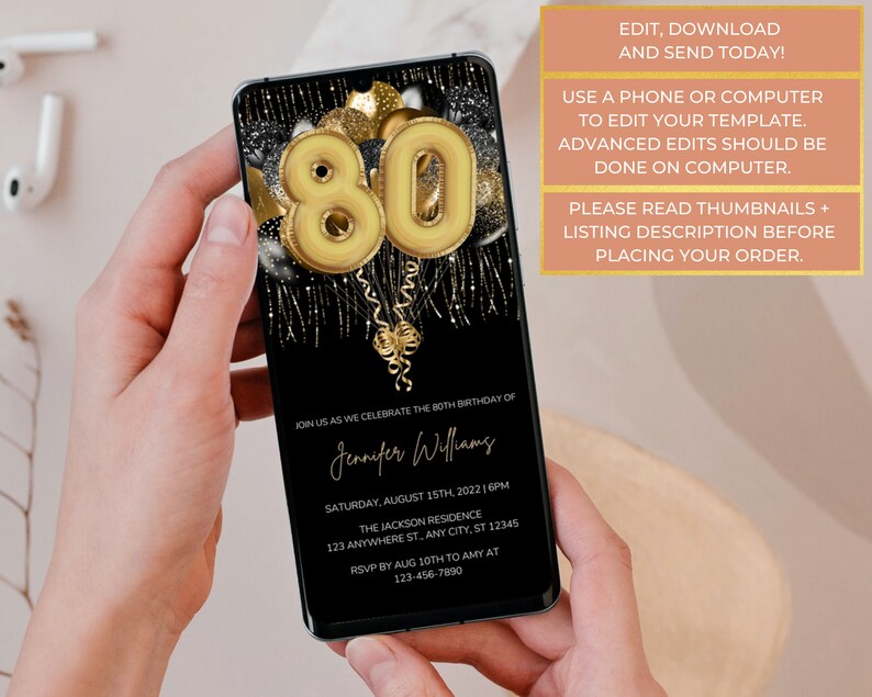 Digital 80th Birthday Party Invitation Electronic Birthday Etsy