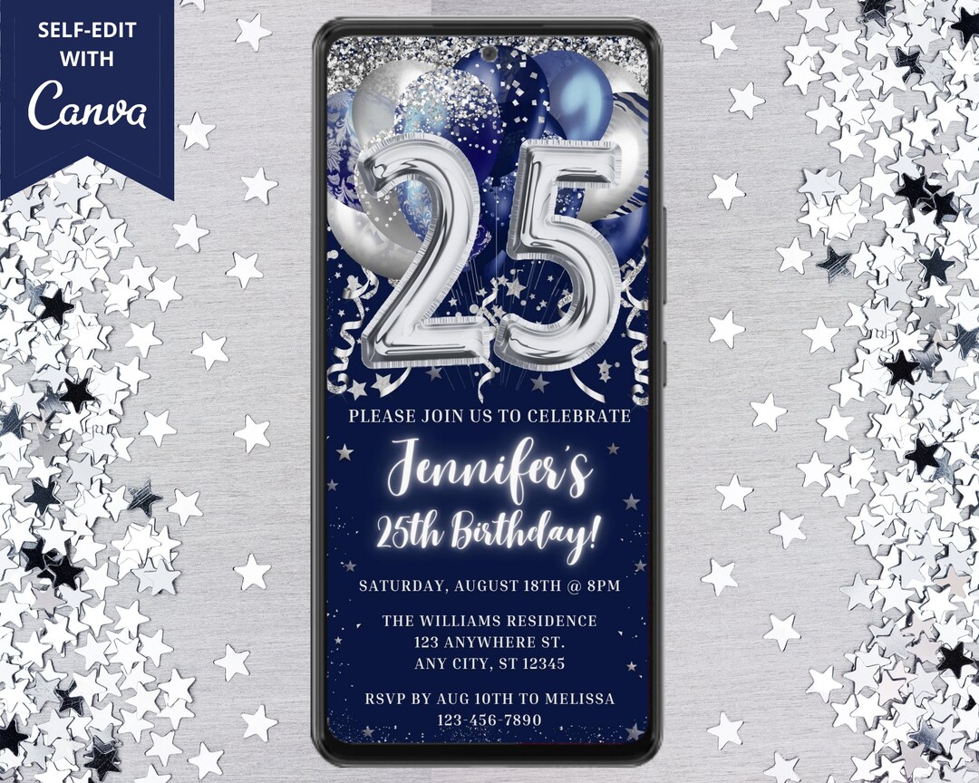 Digital 25th Birthday Party Navy Blue Silver Balloons Invitation ...