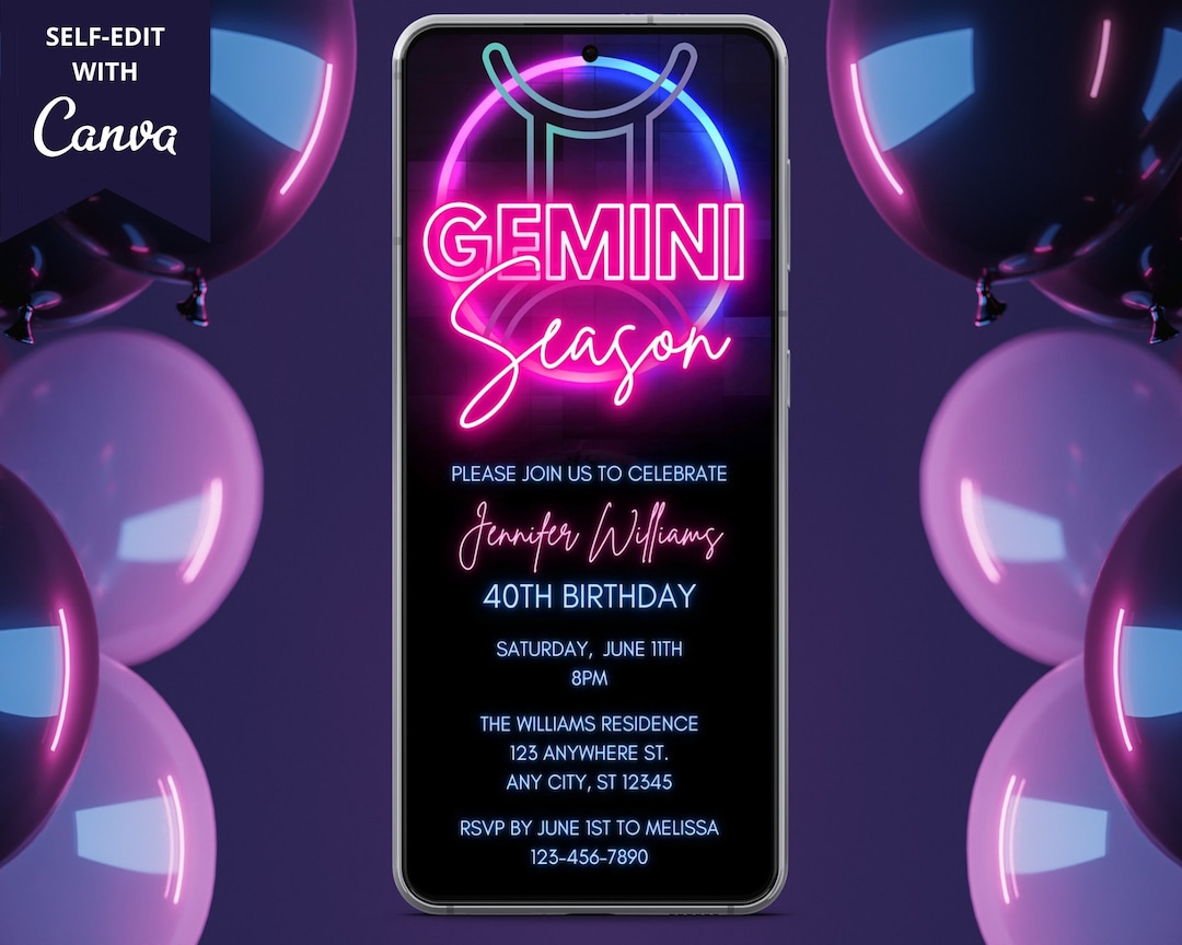 Gemini Zodiac Birthday Digital Invitation, Electronic Party Invite ...