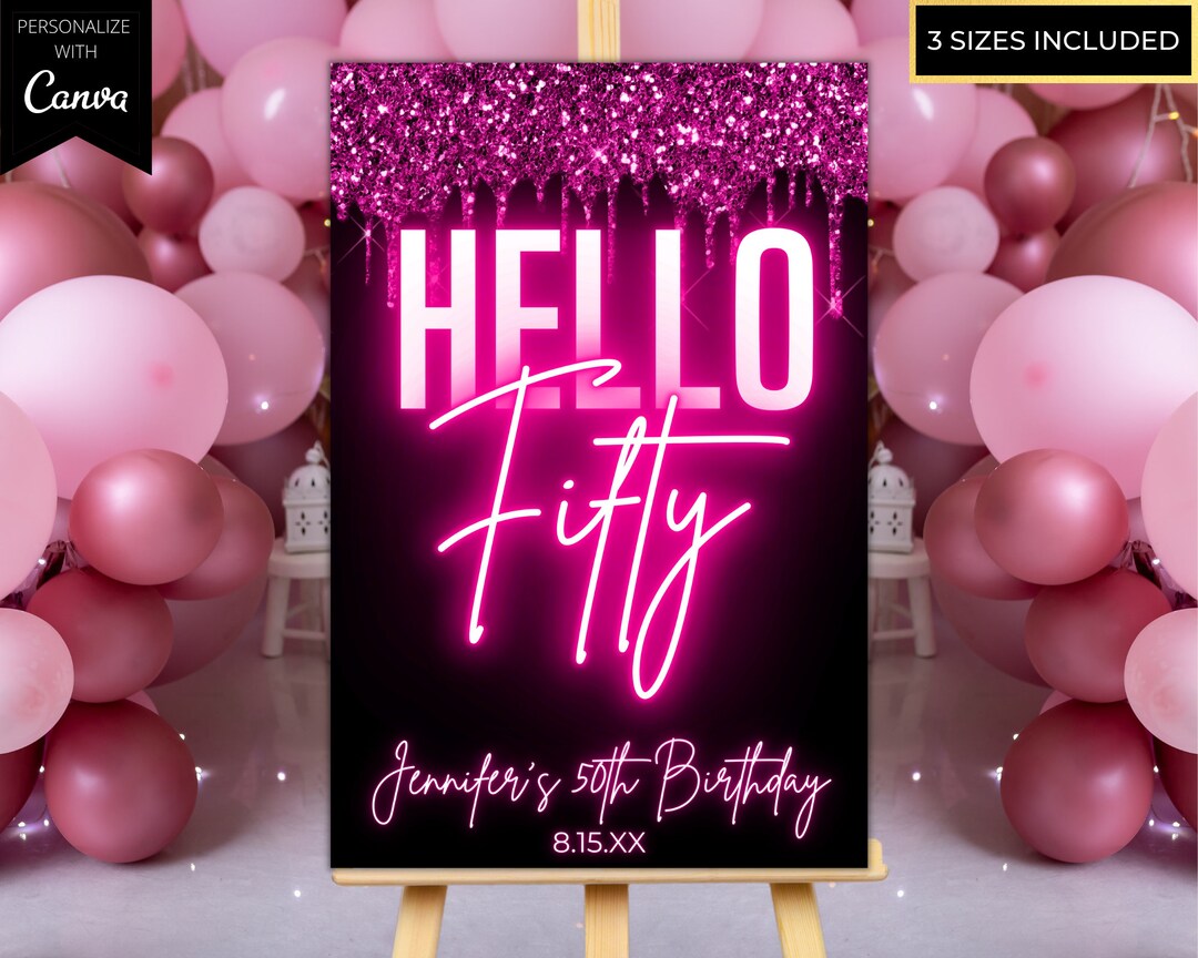 Printable Hello Fifty 50th Birthday Pink Neon Glitter Drip Welcome Sign ...