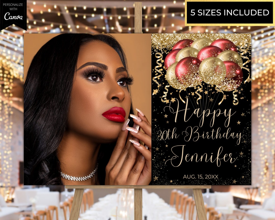 Editable Photo Template Red Gold Balloons Happy Birthday Welcome Sign