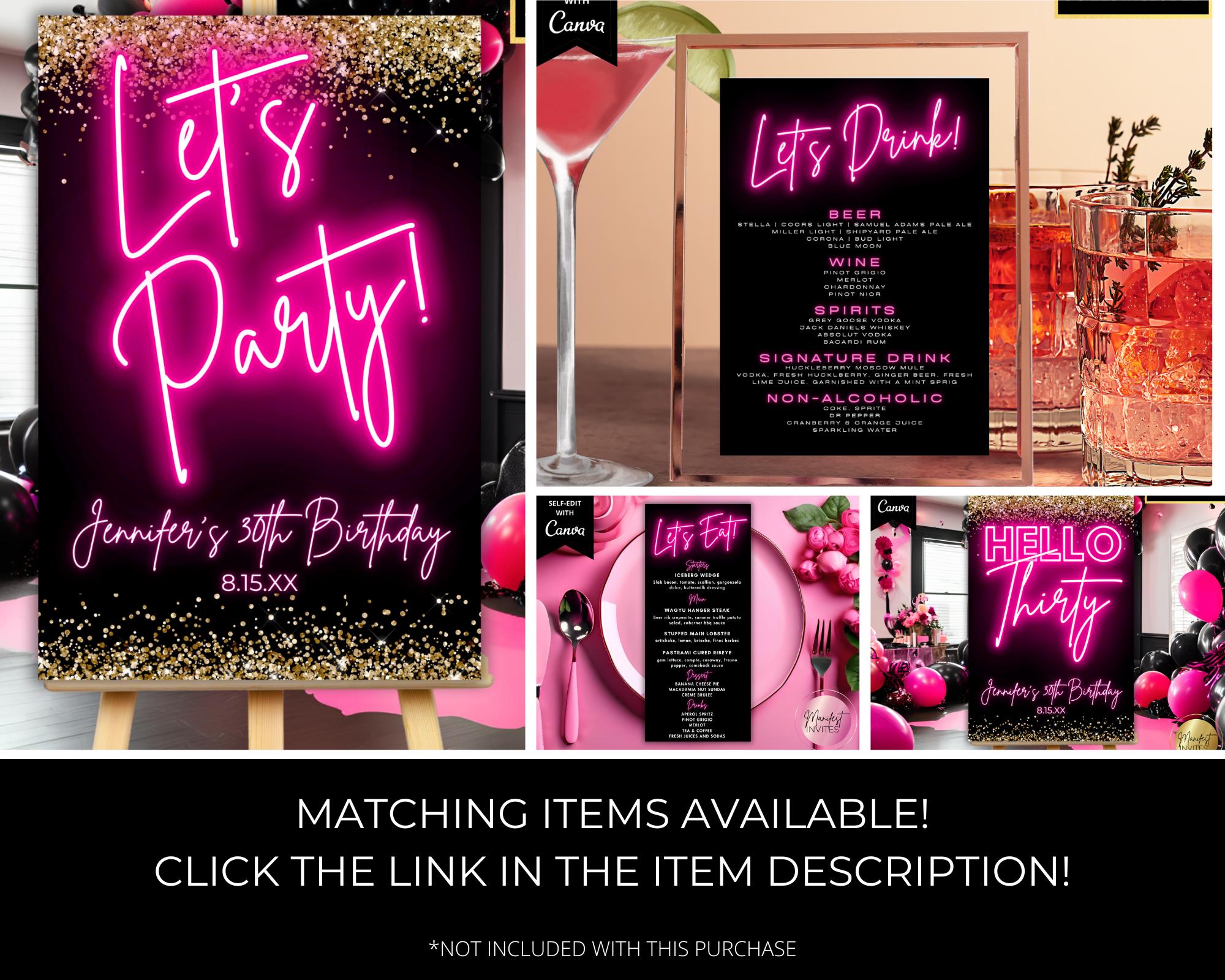 Editable Shhh It's a Surprise Birthday Pink Neon Gold Glitter Party ...
