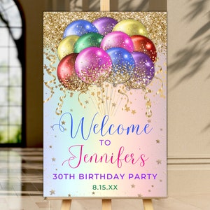 Rainbow Gold Glitter Balloons Printable Welcome Sign, Birthday Party ...