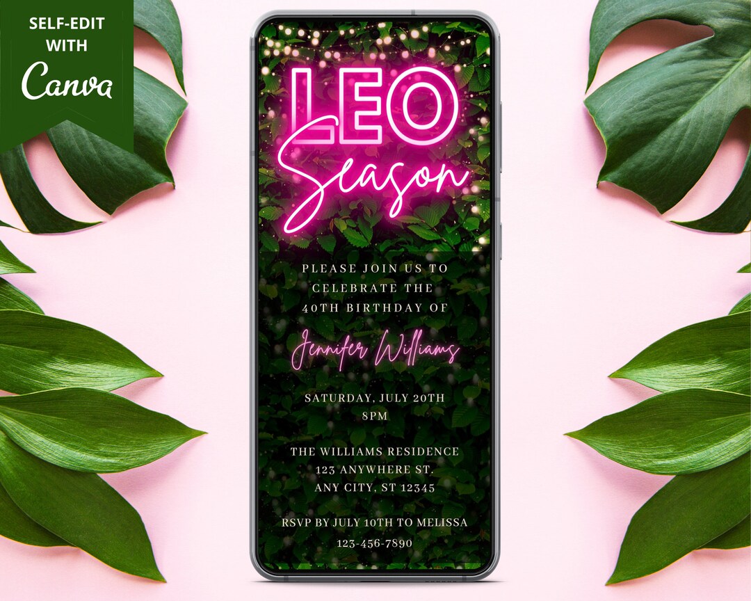 Leo Season Birthday Digital Invitation Electronic Party Invite Leo Zodiac Pink Neon Greenery