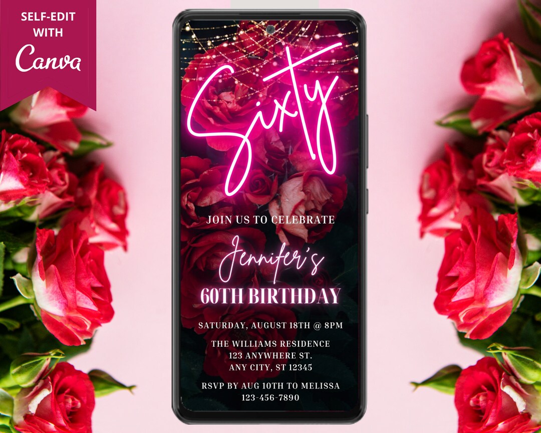 Electronic 60th Sixty Birthday Pink Neon Red Floral Roses Party ...