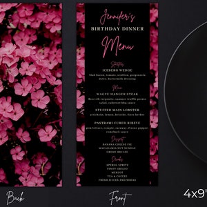 Editable Pink Birthday Dinner Menu Card, Printable Birthday Dinner and ...