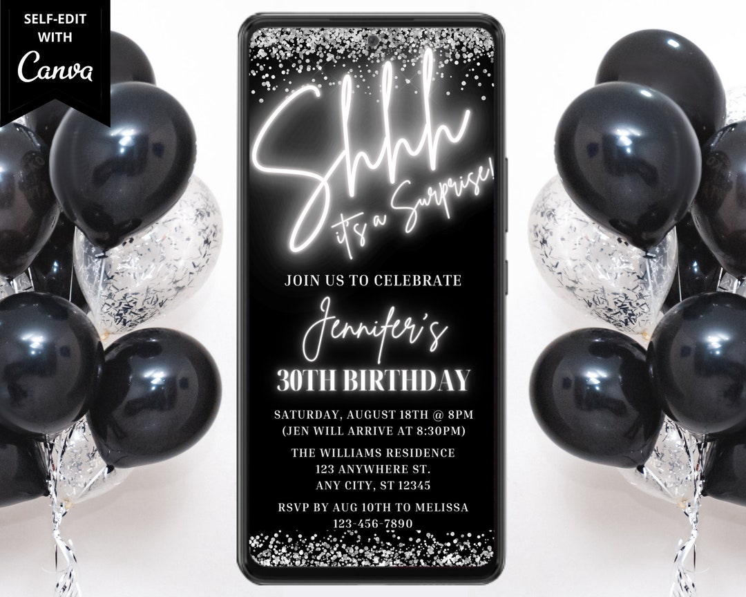 Digital Shhh It's a Surprise Black Silver Neon Glitter Birthday Party ...
