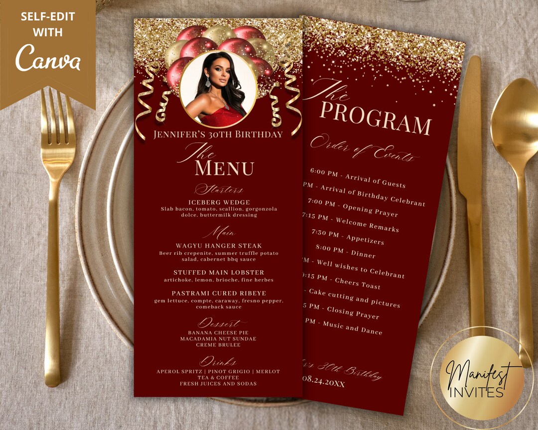 Editable Picture Red Gold Glitter Balloons Menu and Program Card ...