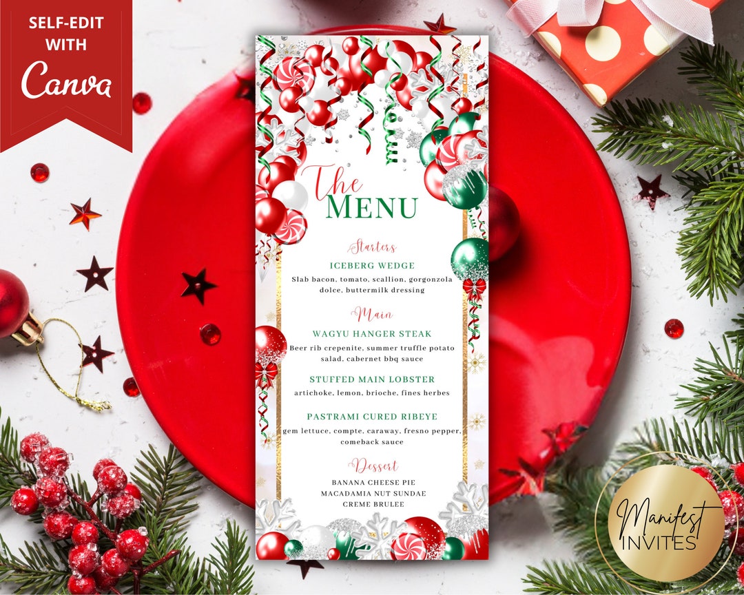 Editable Festive Christmas Dinner Party Menu Card Template, Printable ...