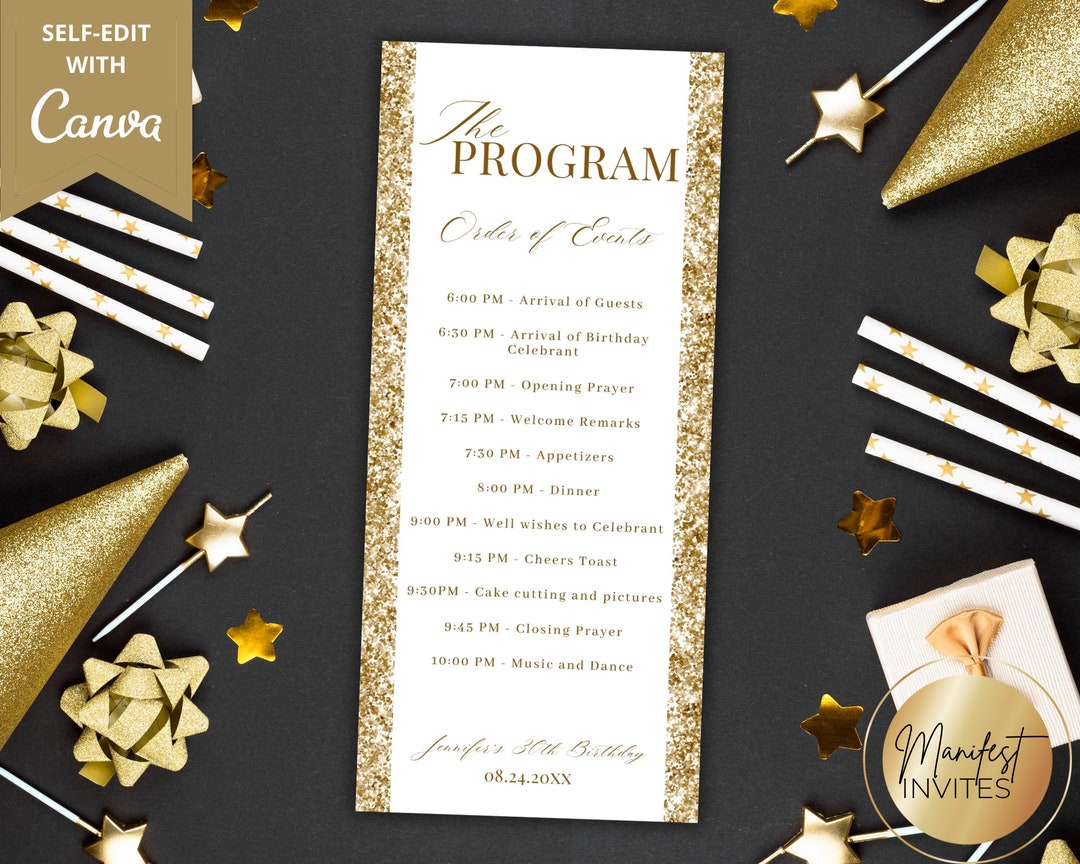 Editable White Gold Glitter Birthday Event Program Card Template ...