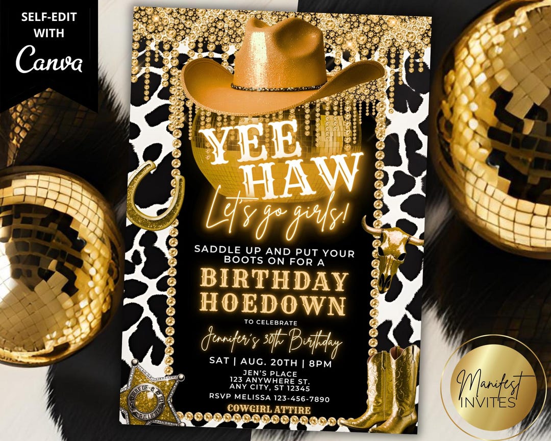 Editable Gold Disco Cowgirl Hoedown Birthday Party Invitation ...