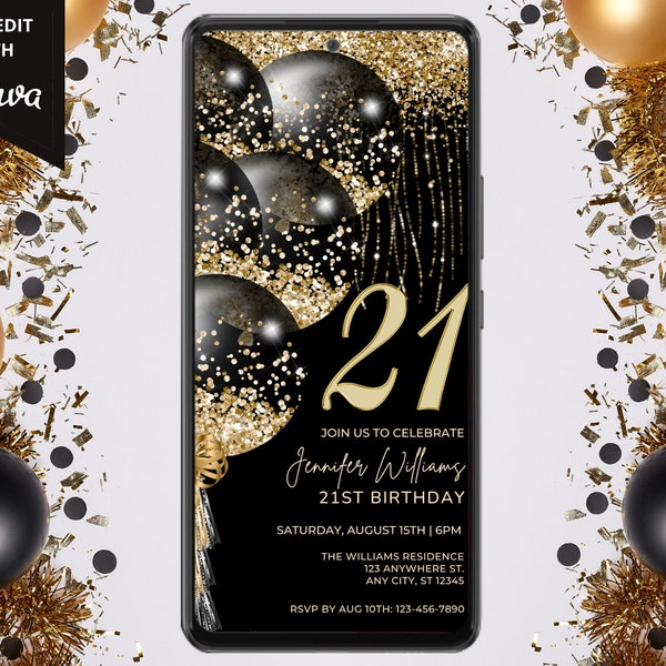 21st Birthday Black and Gold Invitation - Etsy