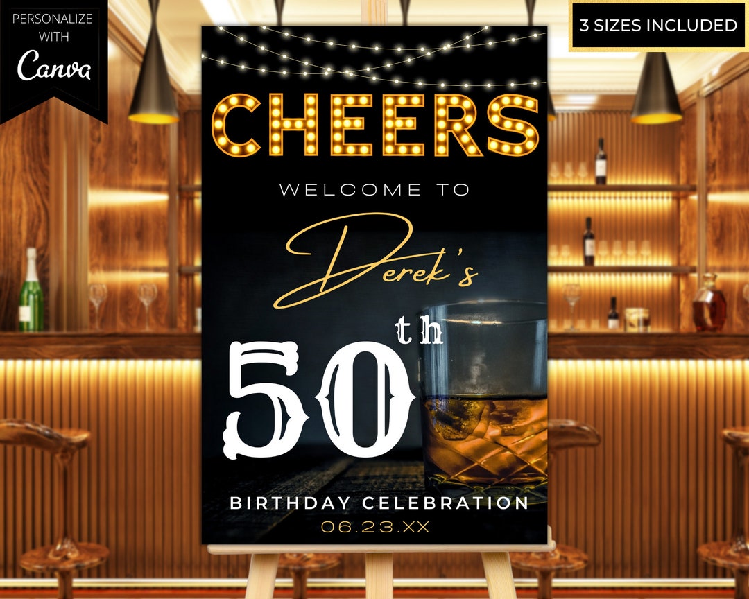 Printable Men's Cheers Whiskey Any Age Birthday Party Welcome Sign ...