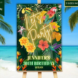 Editable Tropical Hawaiian Luau Birthday Let's Party Welcome Sign, Gold ...