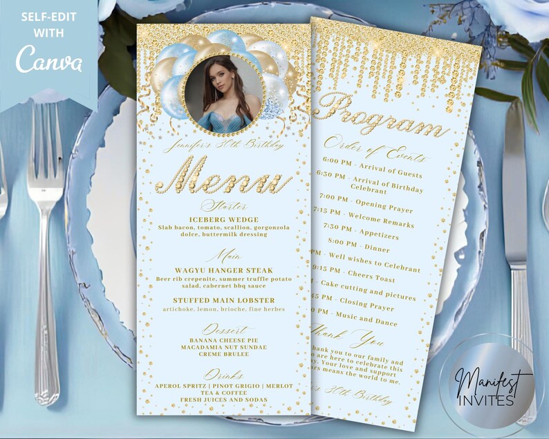 Editable Photo Menu Program & Thank You Card, Glam Diamonds Light Blue ...
