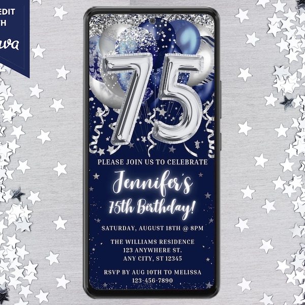 Blue 75th Birthday Invitation - Etsy