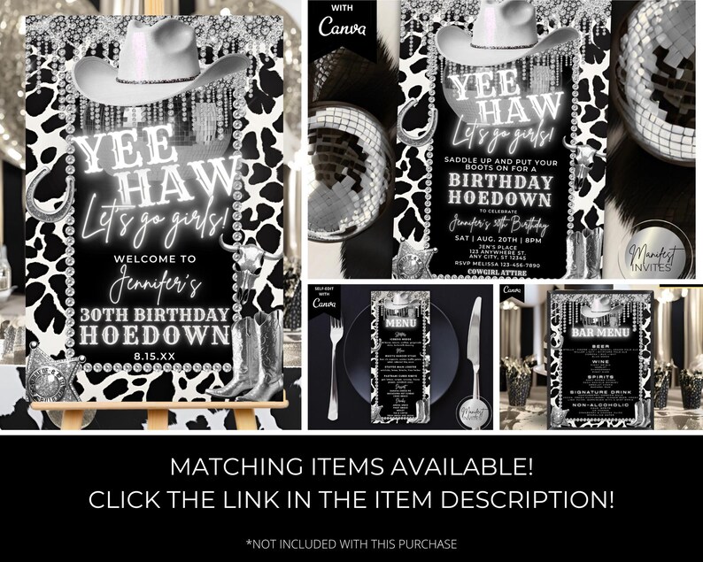 Editable Silver Disco Cowgirl Hoedown Birthday Party Invitation ...