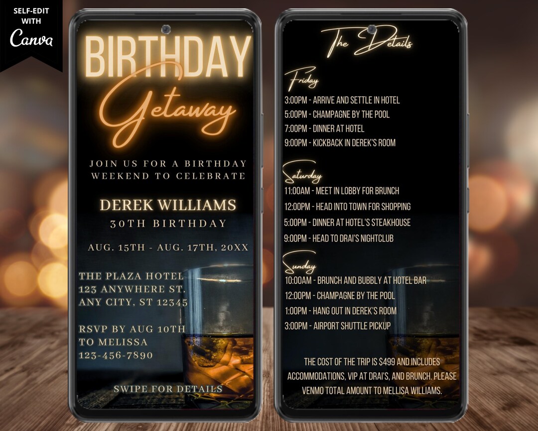 Digital Men's Birthday Getaway Weekend Whiskey Itinerary Invitation ...