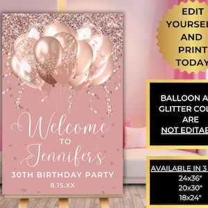 Printable Pink Rose Gold Glitter Balloons Welcome Sign, Party Welcome ...
