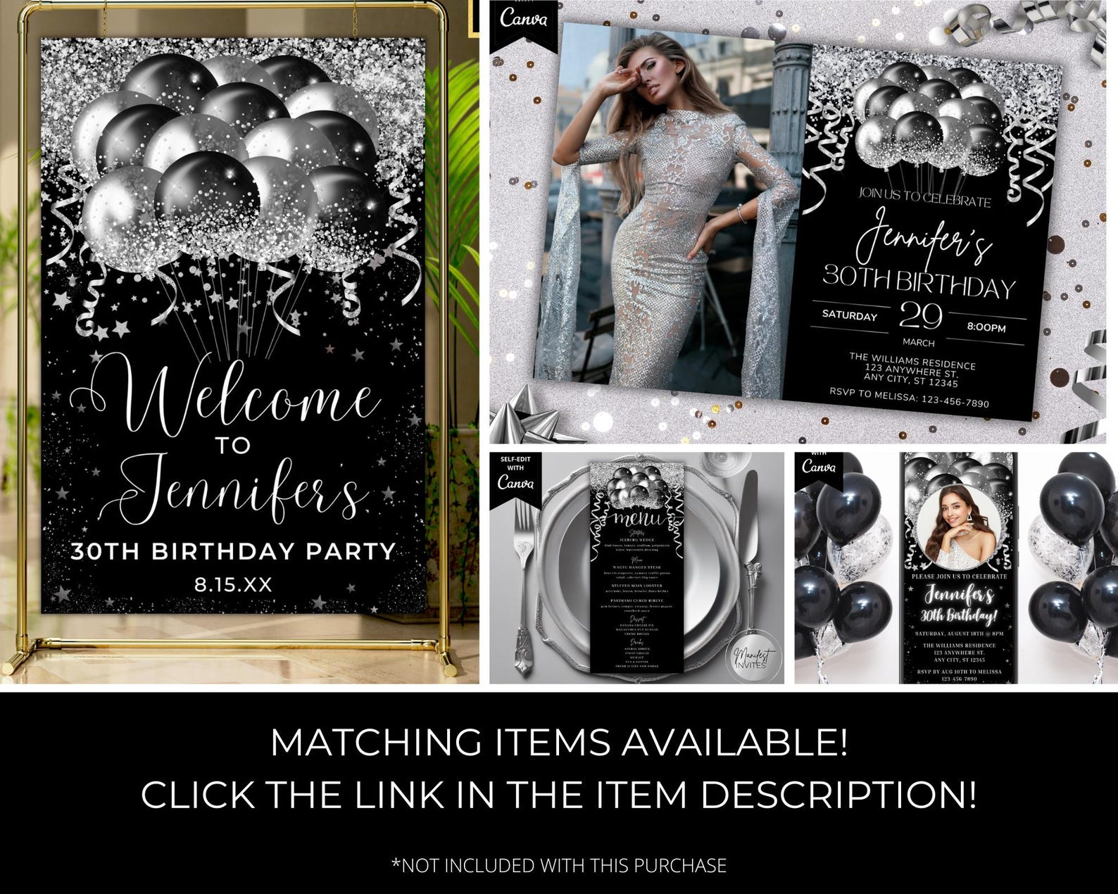 Editable Black Silver Glitter Birthday Event Program Card Template ...