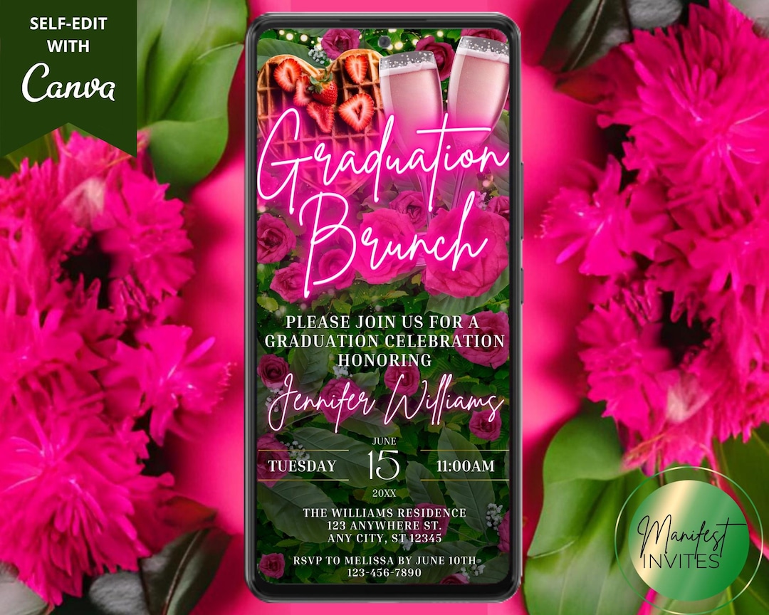 Digital Graduation Brunch Adult Women's Invitation, Pink Neon Greenery ...