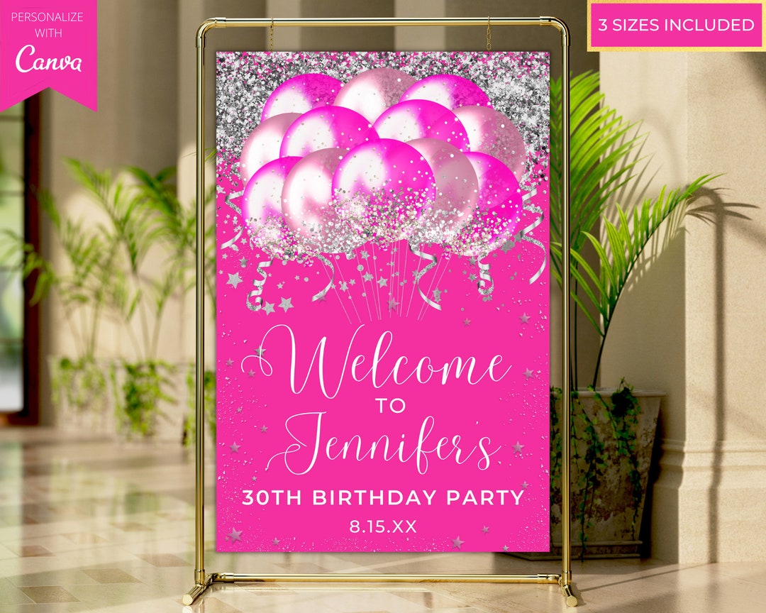 Printable Pink Silver Glitter Balloons Welcome Sign, Birthday Party ...