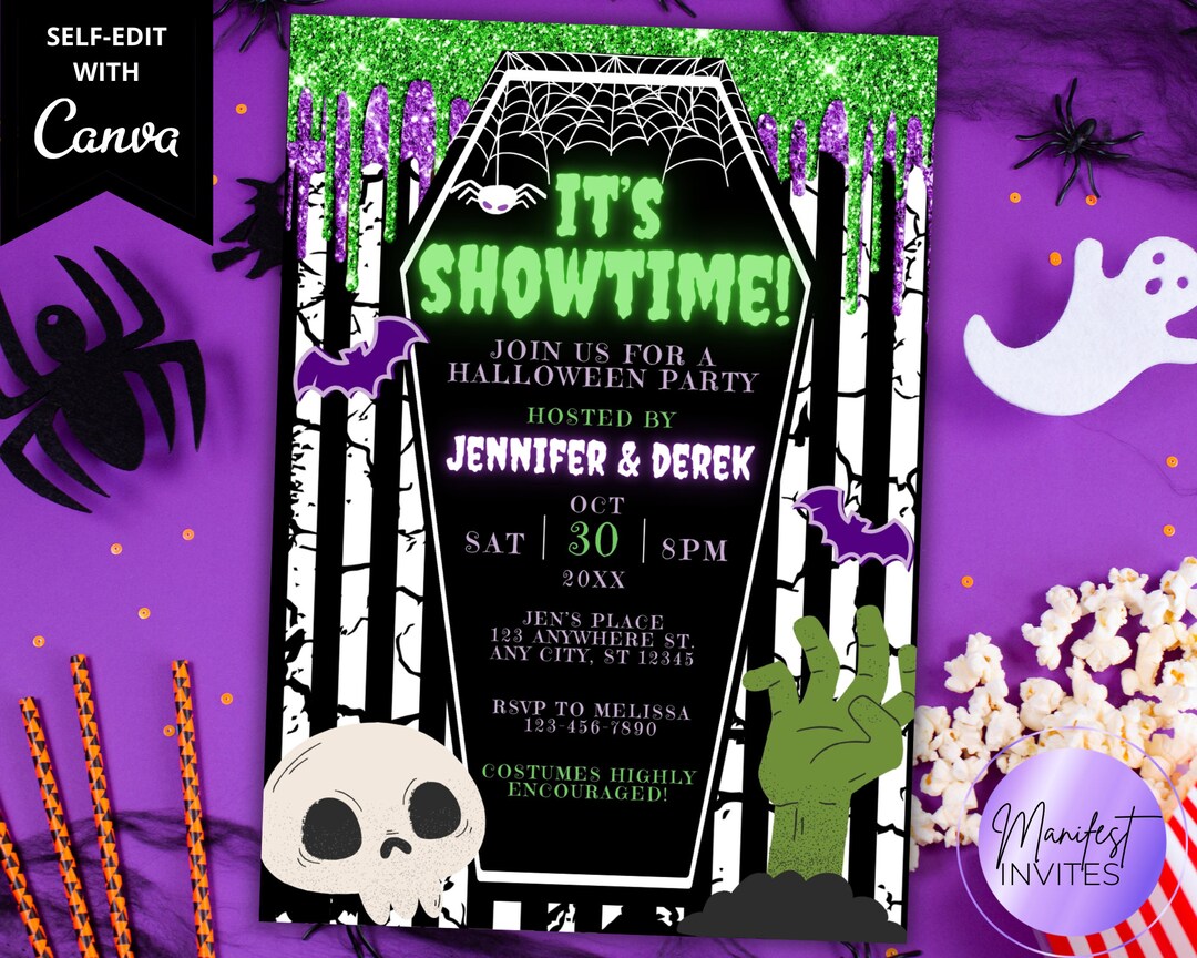 Editable It's Showtime Purple Green Coffin Halloween Costume Party ...