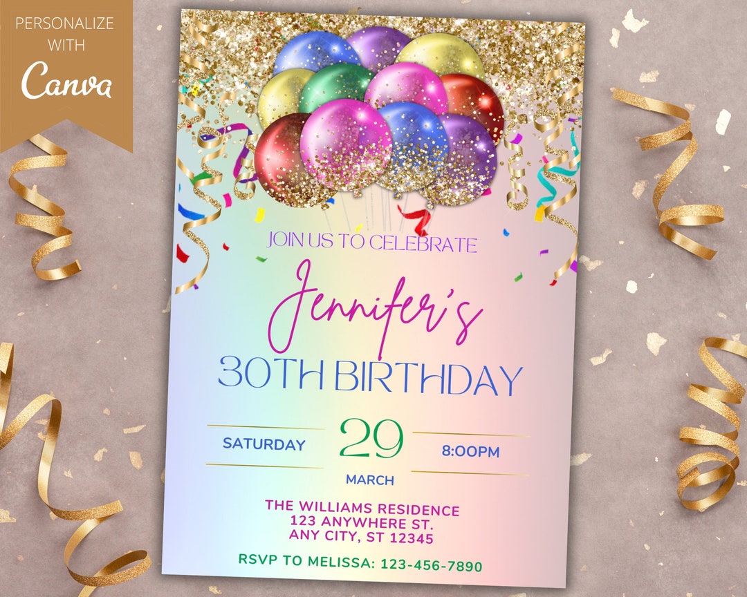 Editable Rainbow Gold Glitter Balloons Birthday Party Invitation ...