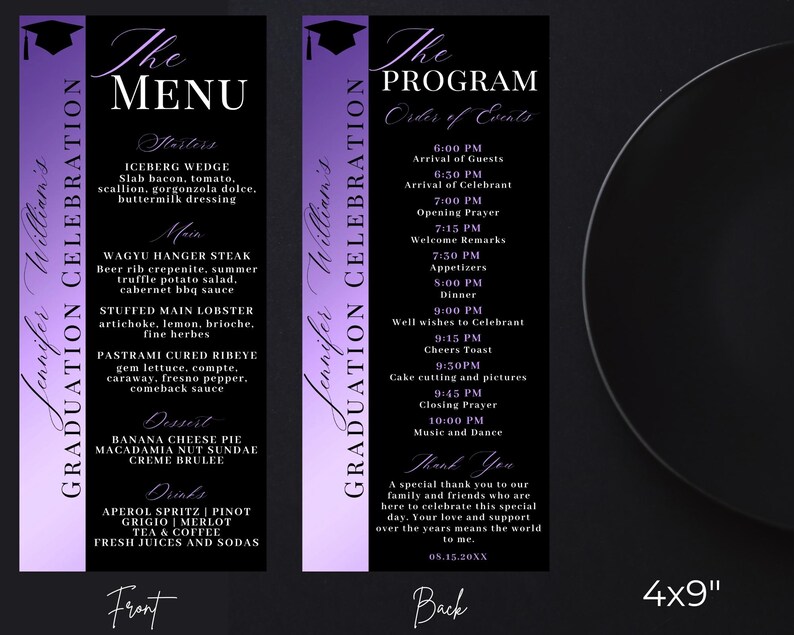 Editable Elegant Purple Graduation Menu Program & Thank You Card, Grad ...