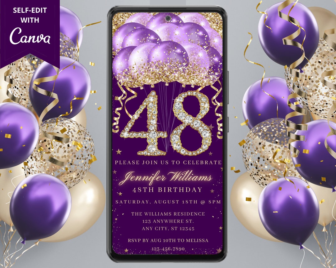 Digital 48th Birthday Party Purple Gold Diamond Glitter Balloon ...