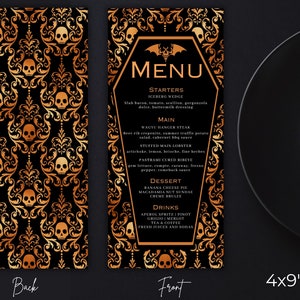 Editable Halloween Party Dinner Menu Template, Black Orange Skulls ...