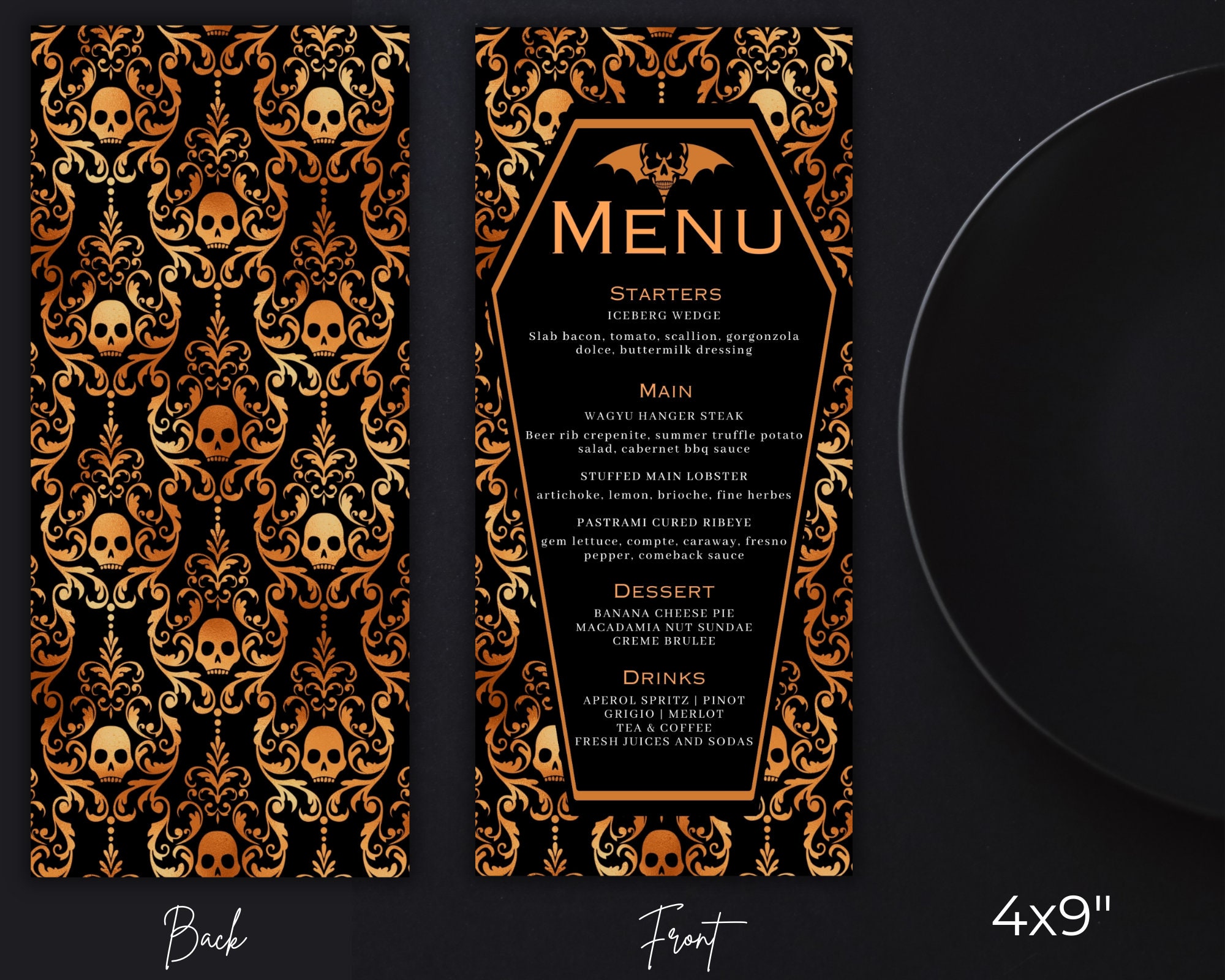 Editable Halloween Party Dinner Menu Template, Black Orange Skulls ...