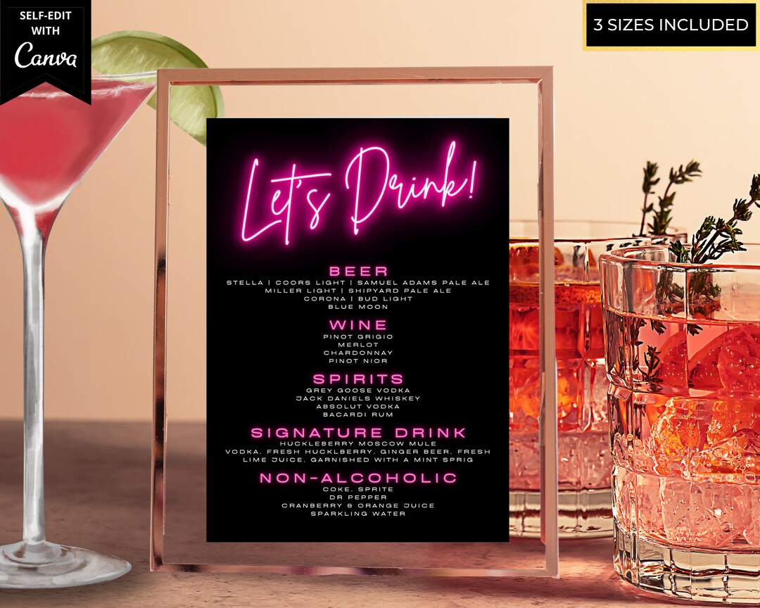 Editable Let's Drink Pink Neon Bar Menu Template, Printable Signature ...