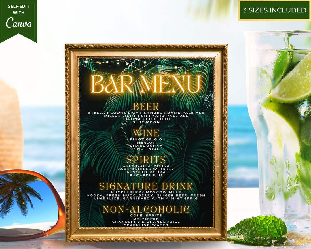 Editable Gold Neon Tropical Bar Menu Template, Printable Signature ...