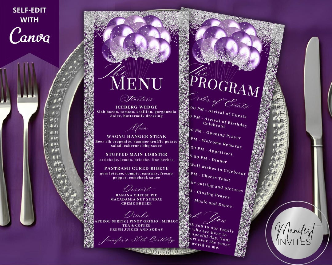 Editable Glam Purple Silver Glitter Balloons Menu Program and Thank You ...