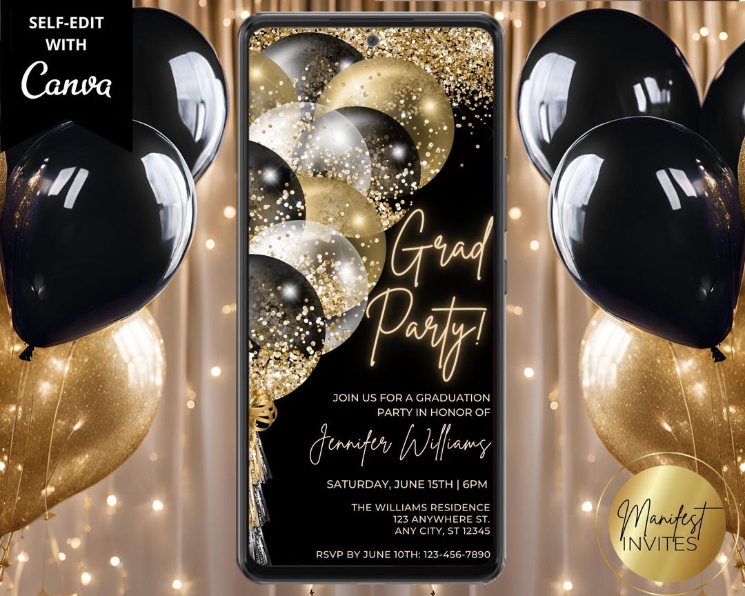 Digital Elegant Black Gold Balloons Graduation Party Invitation, High ...