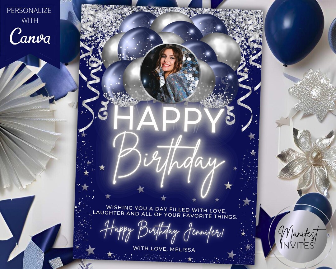 Editable Glam Photo Happy Birthday Greeting Card, Neon Blue Silver ...