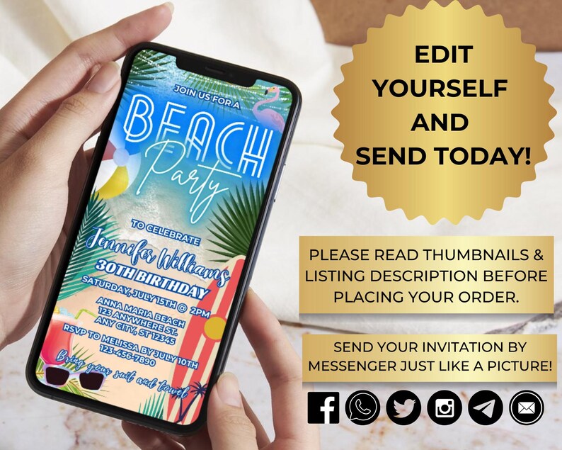Digital Tropical Beach Birthday Party Invitation, Electronic Phone ...