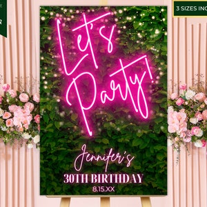 Editable Let's Party Pink Neon Greenery Birthday Party Welcome Sign ...