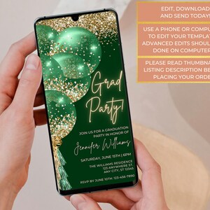 Digital Graduation Party Invitation, Green Gold Glitter Balloons ...