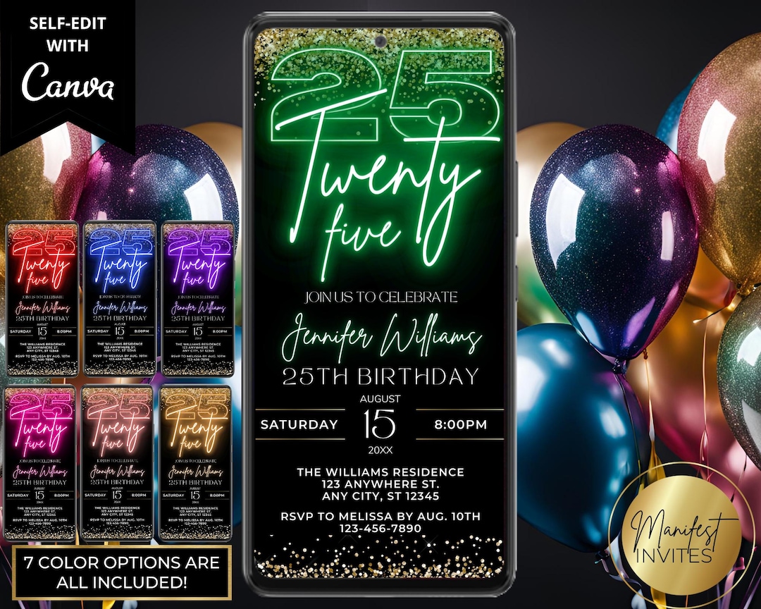 Digital 25th Birthday Neon Gold Glitter Glam Party Invitation, Neon ...