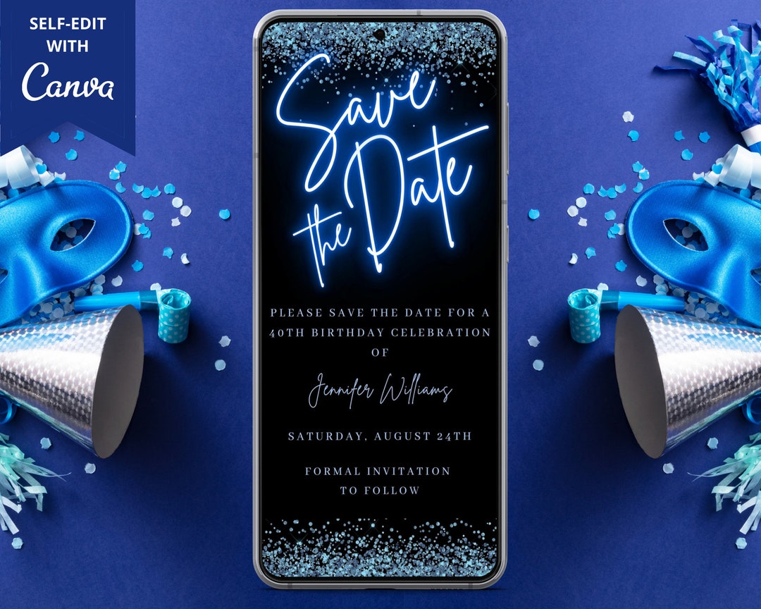 Digital Blue Neon Save the Date Invitation, Electronic Save the Date ...